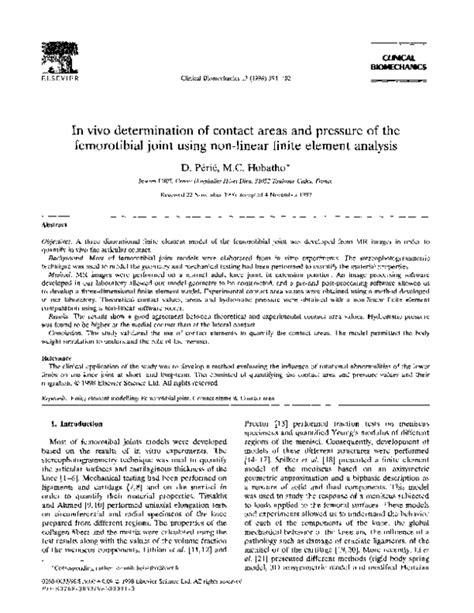 Pdf In Vivo Determination Of Contact Areas And Pressure Of The Femorotibial Joint Using Non