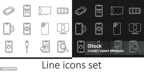 전화 수리 서비스 마이크로 Sd 메모리 카드 유리 화면 보호기 스마트 폰 및 죽은 모바일 아이콘을 설정합니다 벡터 검은색에 대한 스톡 벡터 아트 및 기타 이미지 Istock