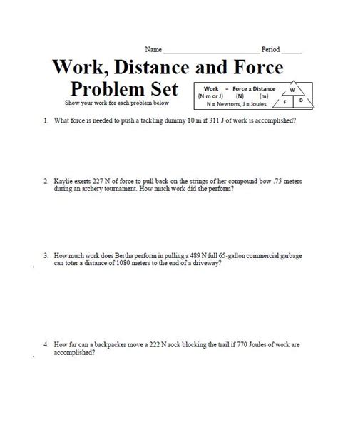 Work Distance And Force Problem Set For Physical Science With A Key