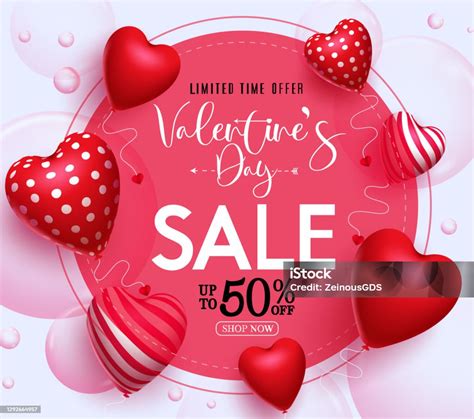 발렌타인 데이 판매 벡터 배너 템플릿 발렌타인 데이는 홍보 광고 디자인을위한 부동 풍선 하트의 요소와 원 배지에 50 텍스트를