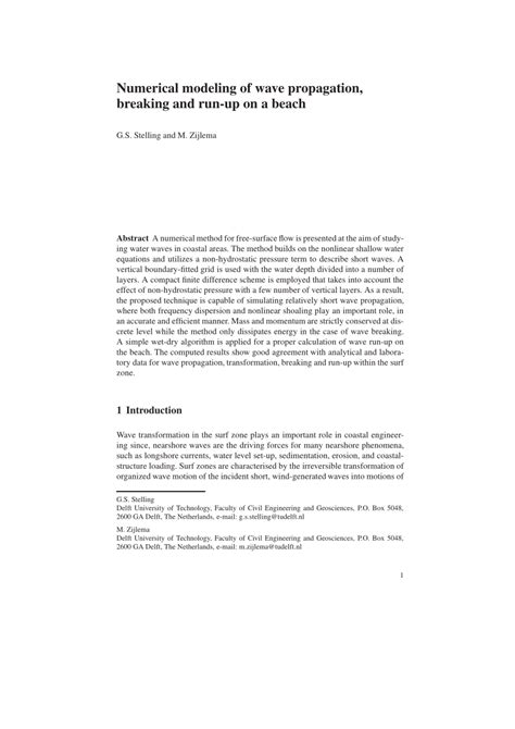 Pdf Numerical Modeling Of Wave Propagation Breaking And Run Up On A Beach