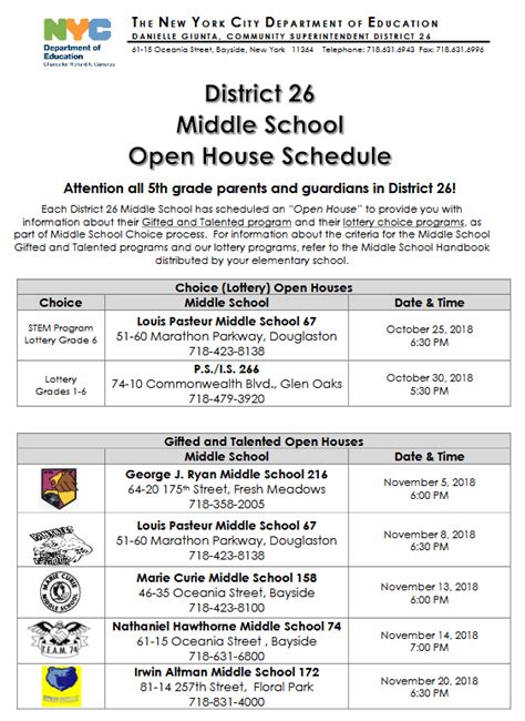 Middle School Open House Schedule Ps 205q Alexander Graham Bell