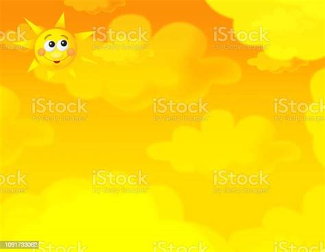 텍스트에 대 한 공간을 가진 만화 여름 하늘과 행복 한 태양 배경 구름 풍경에 대한 스톡 벡터 아트 및 기타 이미지 구름 풍경 귀여운 노랑 Istock