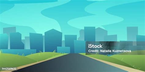 멀리 수평선에 있는 도시 아스팔트 도로 시골 초원 언덕 고층 빌딩과 주택이 있는 도시 풍경 만화 재미있는 스타일 플랫 디자인 벡터 도시에 대한 스톡 벡터 아트 및 기타