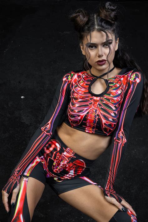Red Ruby Skeleton Halter Cutout Long Sleeve Crop Top Devil Walking