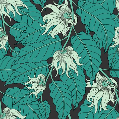 Vector Seamless Gray Pattern With White Ylang Ylang Flowers On Turquoise Branches 11188511