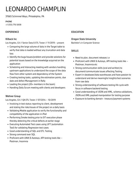 Etl Tester Resume Samples Velvet Jobs