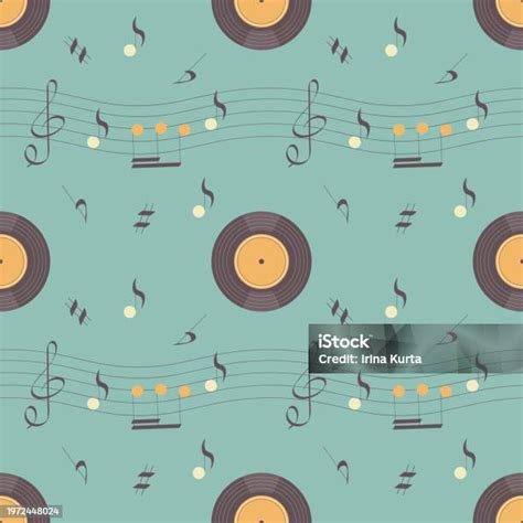 복고풍 스타일의 벡터 완벽 한 음악 배경입니다 비닐 레코드 음표 악보 보면대 70 년대 빈티지 디자인 직물 벽지 포장지를 위한 템플렛 벡터 일러스트 레이 션입니다 1970