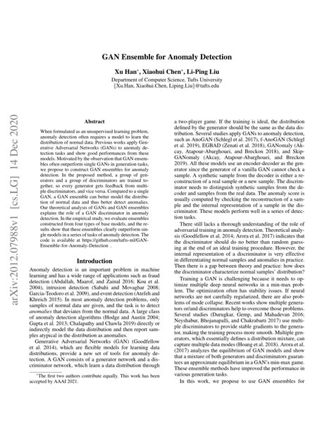 Pdf Gan Ensemble For Anomaly Detection