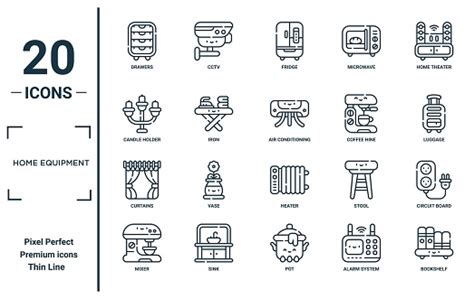 홈 장비 선형 아이콘 세트입니다 얇은 라인 서랍 캔들 홀더 커튼 믹서 책장 에어컨 보고서 프리젠 테이션 다이어그램 웹 디자인 용