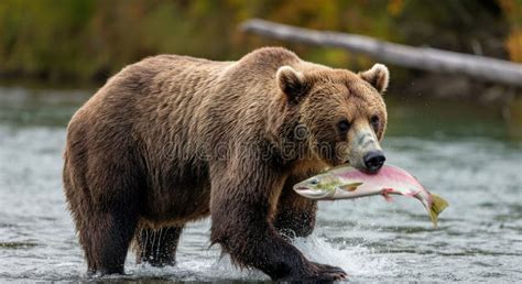 Majestic Brown Bear Catching Salmon In Pristine River Stock Image