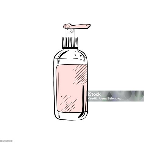 흰색 배경에 라벨이 붙어 있는 닫힌 병 액체 비누 디스펜서의 벡터 그림 액체가 있는 용기의 검은색 윤곽 그래픽 그림 엽서 디자인 및 구성 장식 지문 포스터 스티커 기념품