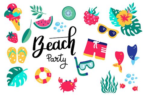 레터링 여름 손으로 그린 아이콘 간판 및 배너를 설정 합니다 밝은 여름 포스터입니다 컬렉션 여름 손은 여름 휴가 파티를 위한 요소를 그립니다 여름 인쇄 상의입니다 벡터