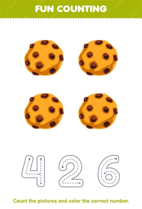 어린이를 위한 교육 게임은 귀여운 만화 쿠키 인쇄 가능한 음식 워크시트에서 그림을 세고 정확한 숫자를 색칠합니다 프리미엄 벡터
