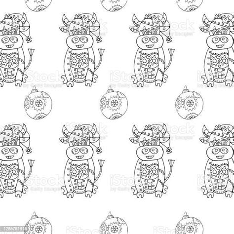 2021 기호와 원활한 크리스마스 패턴 흰색 배경에 기어와 황소와 공의 원활한 선형 스팀 펑크 패턴 아시아 설날 동부 운세 2021년에 대한 스톡 벡터 아트 및 기타 이미지