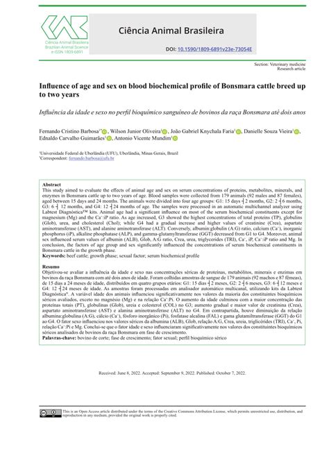 Pdf Influence Of Age And Sex On Blood Biochemical Profile Of Bonsmara