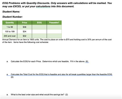 Solved Eoq Problems With Quantity Discounts Only Answers