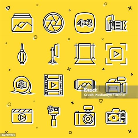 라인 설정 사진 카메라 시네마 카메라 초점 프레임 라인 4 스튜디오 전구 소프트박스 먼지 송풍기 및 빈 사진 스튜디오 아이콘 벡터 4에 대한 스톡 벡터 아트 및 기타 이미지