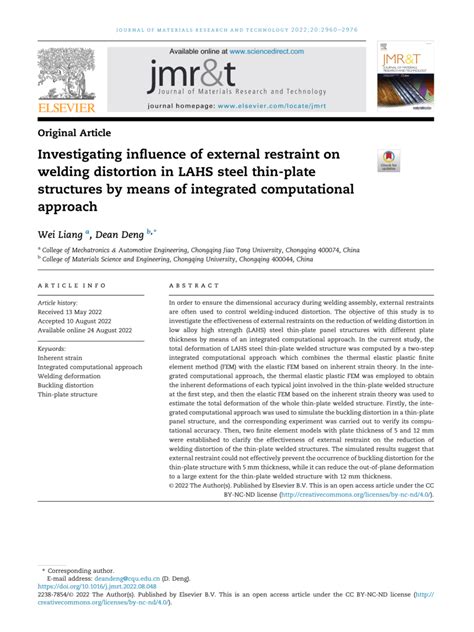 Pdf Investigating Influence Of External Restraint On Welding Distortion In Lahs Steel Thin