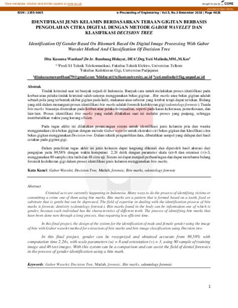 Pdf Identifikasi Jenis Kelamin Berdasarkan Teraan Gigitan Berbasis Pengolahan Citra Digital