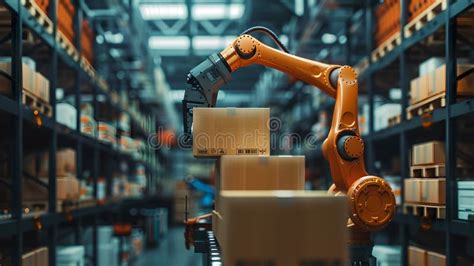 Robotic Arm In Warehouse Operation Automation In Industry Technology In Logistics Efficient