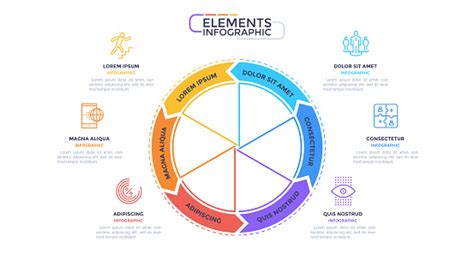 화살표가 있는 얇은 선 원형 비즈니스 인포그래픽 템플릿입니다 벡터 일러스트 레이 션 6개의 옵션 단계 또는 섹션으로 순환합니다