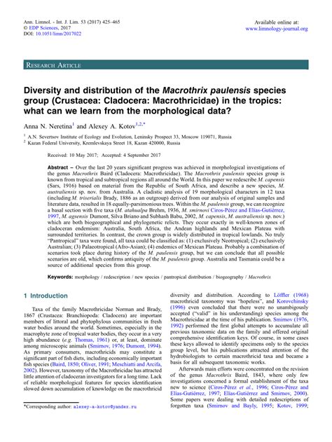 Pdf Diversity And Distribution Of The Macrothrix Paulensis Species Group Crustacea Cladocera