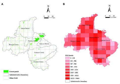 Spatial Distribution Of Urban Forests And Poi A Urban Forests B Poi Download Scientific