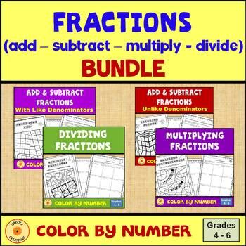 Fractions Operations Add Subtract Multiply Divide Color By Number BUNDLE