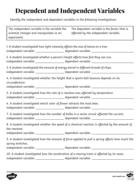 Identifying Independent And Dependent Variables Science Activity Pdf