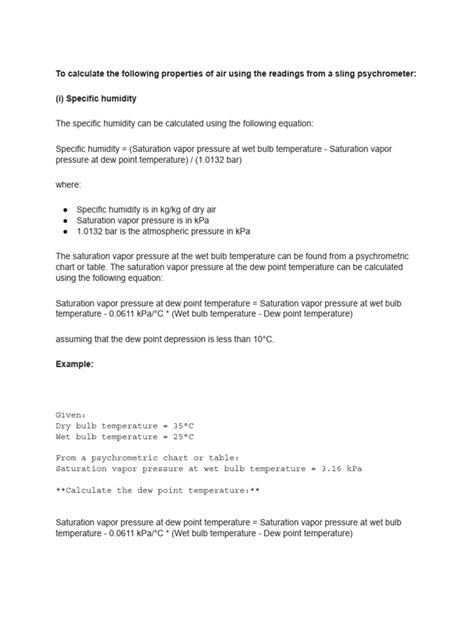 To Calculate The Following Properties Of Air Using The Readings From A Sling Psychrometer I
