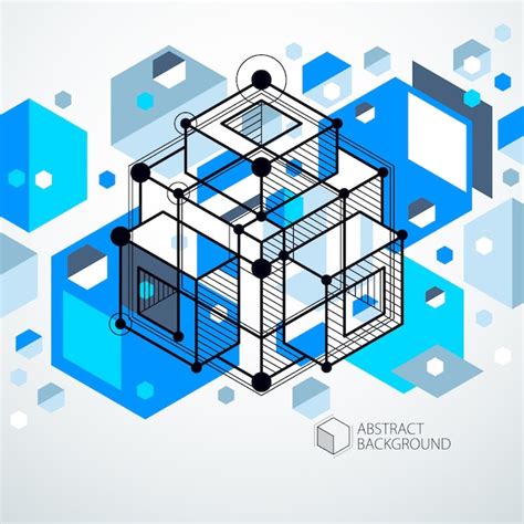 아이소메트릭 메쉬 선 스타일에서 만든 벡터 추상 파란색 배경입니다 기계 구성표 큐브 및 메커니즘 부품이 있는 벡터 엔지니어링 도면 디자인 프로젝트를 위한 완벽한 배경