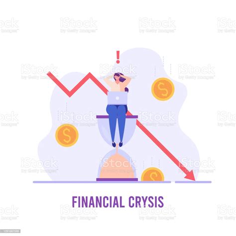 모래 시계에 앉아 슬픈 여자 금융 위기 파산 돈 문제 자금 하락 소득 하락 위험 및 투자 실패의 개념 웹 배너를 위한 플랫 디자인의 벡터 일러스트레이션 슬픔에 대한 스톡