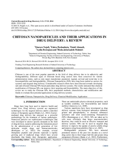 Pdf Chitosan Nanoparticles And Their Applications In Drug Delivery A Review