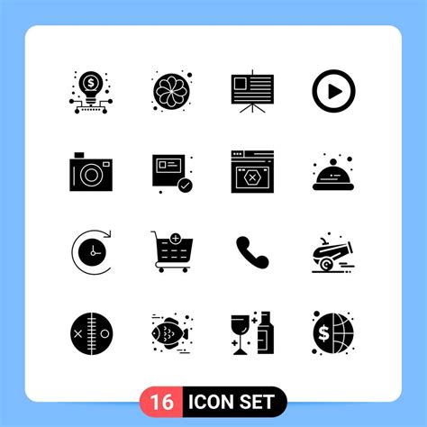 Set Of 16 Vector Solid Glyphs On Grid For Picture Holiday Analytics Camera Play Editable Vector