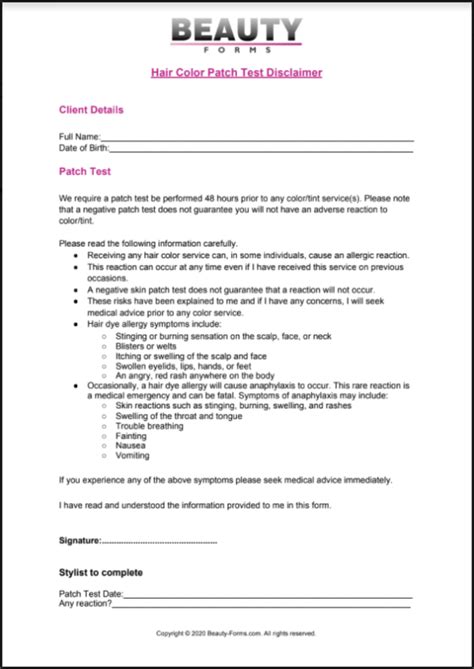 Hair Color Patch Test Disclaimer Pdf Printable Pdf Download