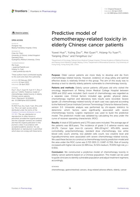 Pdf Predictive Model Of Chemotherapy Related Toxicity In Elderly