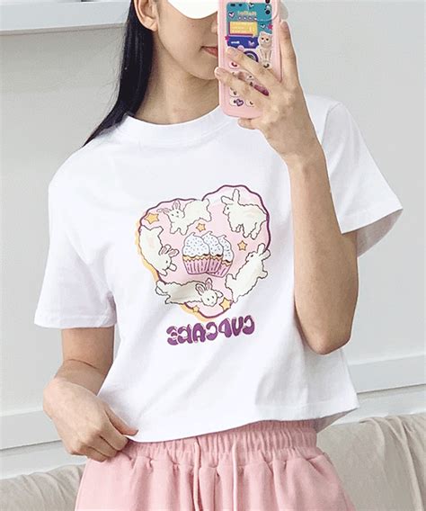머핀 래빗 반팔 크롭티 봄 빈티지 스트릿 키치 하이틴 룩 Y2k 댄서 유넥 라운드넥 토끼 별 스타 하트 기본 흰 세미 크롭 반팔 이너 반팔티 크롭 티셔츠 티 흰티 크롭티