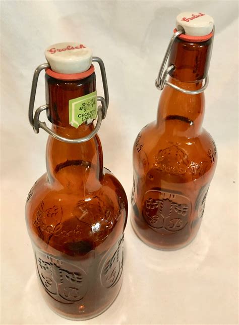 Vintage Grolisch Amber Brown Glass Beer Bottles With Porcelain Swing Top Lid Set Of Two