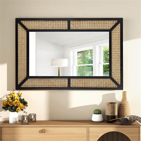 Thkshouz Rattan Mirror For Wall Decor Bohemian Rectangular Large Mirror