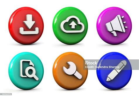 디자인과 배너를위한 인기있는 웹 및 인쇄 3d 아이콘의 컬렉션 다운로드 업로드 스피커 파일 검색 설정 및 펜 3d 일러스트레이션