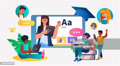 스마트 인터랙티브 보드를 사용하는 가상 교실의 학생들 가상 출석 E러닝 온라인 교육 개념 수평 가상현실에 대한 스톡 벡터 아트 및 기타 이미지 Istock