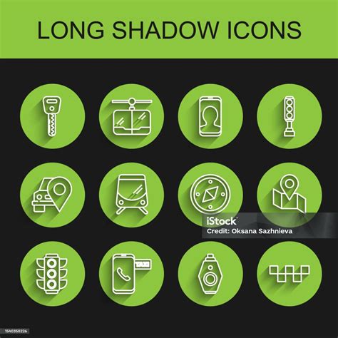 라인 신호등 택시 호출 전화 서비스 자동차 키 리모컨 자동차 지붕 트램 및 철도 접힌 지도 위치 마커 및 나침반 아이콘 설정