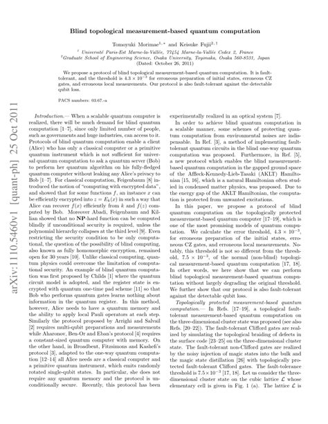 Pdf Blind Topological Measurement Based Quantum Computation