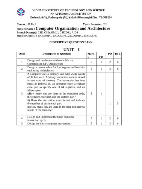 Coa 2 1 Cse Aiml Ds Aids 2024 25 Mid Exams Question Bank Pdf Central Processing Unit