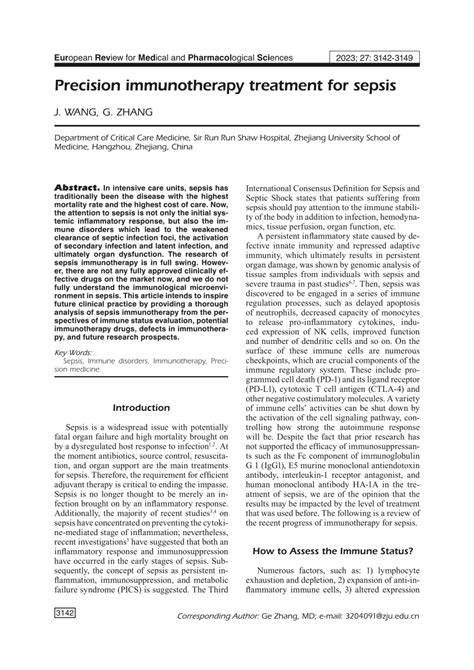 Pdf Precision Immunotherapy Treatment For Sepsis