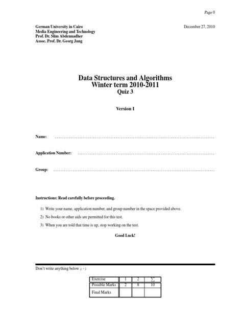 Data Structures And Algorithms Winter Term 2010 2011 Quiz 3 Pdf