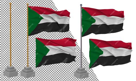 Premium Psd Sudan Flag Waving Different Style With Stand Pole Isolated 3d Rendering