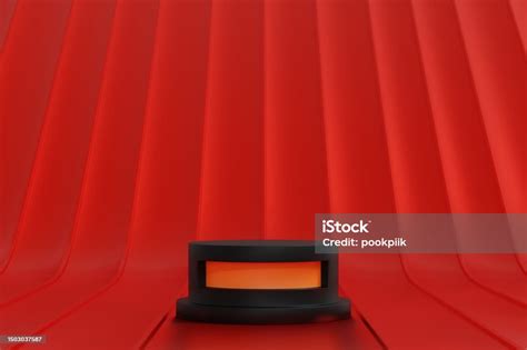 빨간색 배경에 간단한 빈 검은색 원형 연단 받침대 프로덕션 쇼를 위한 모형 디스플레이 3d 렌더링 0명에 대한 스톡 사진 및 기타 이미지 Istock