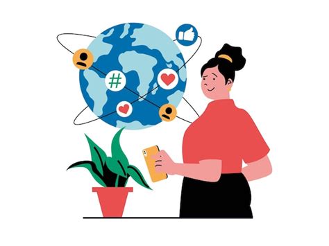 캐릭터 상황이 있는 소셜 네트워크 개념 여성은 모바일 앱에서 온라인 프로필을 적극적으로 사용하여 좋아요와 마음을 수집합니다 웹용 플랫 디자인의 사람 장면이 있는 벡터 그림